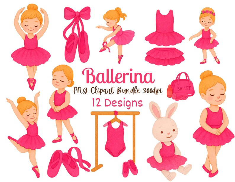 Watercolor Ballerina PNG Clipart Bundle, Hot Pink Ballet Clip Art ...