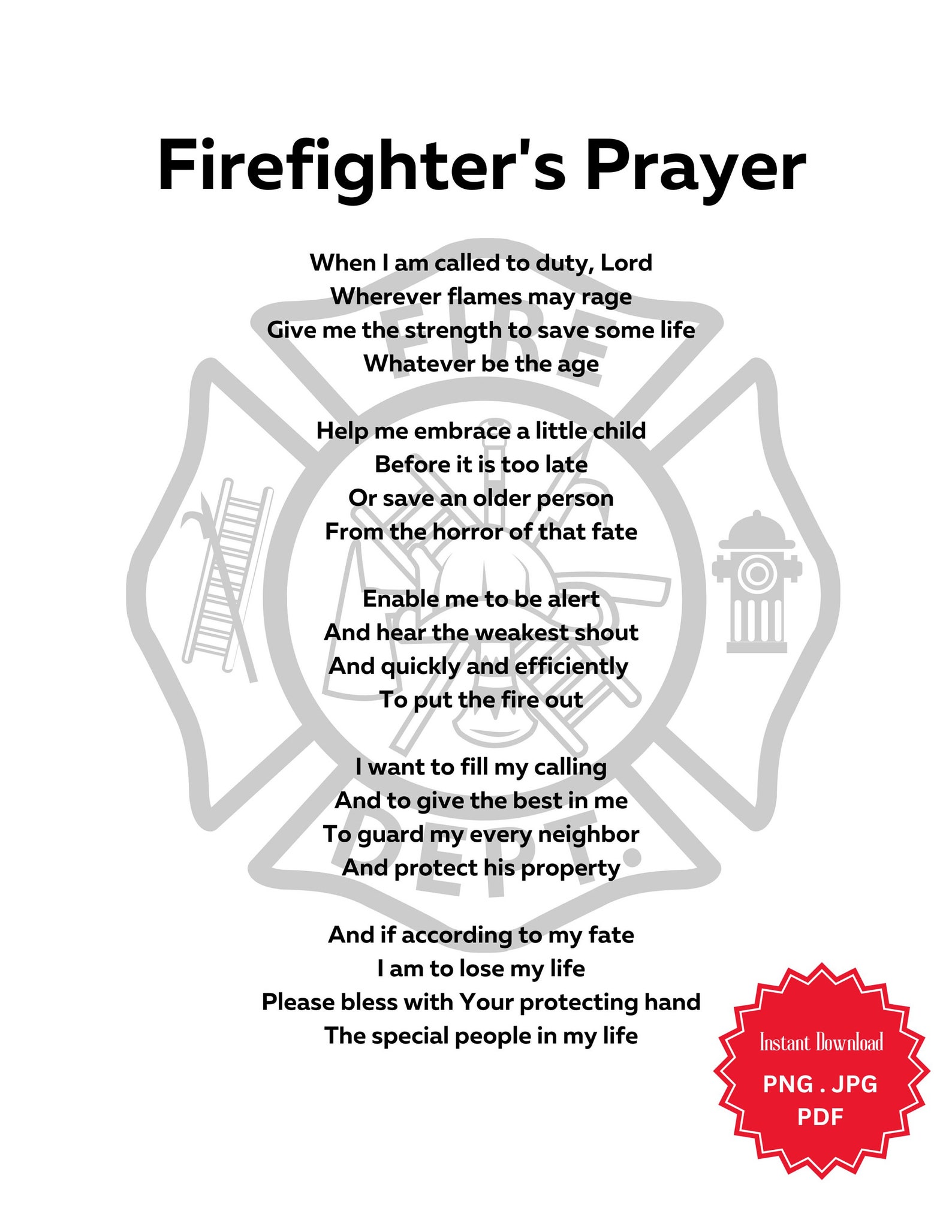 Firefighter's Prayer Print: Minimalist Christian Wall Art (digital ...
