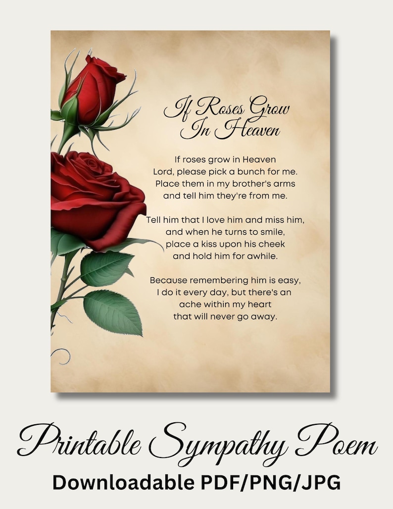 Roses in Heaven Poem, Loss of Brother Sympathy Printable, in Loving ...