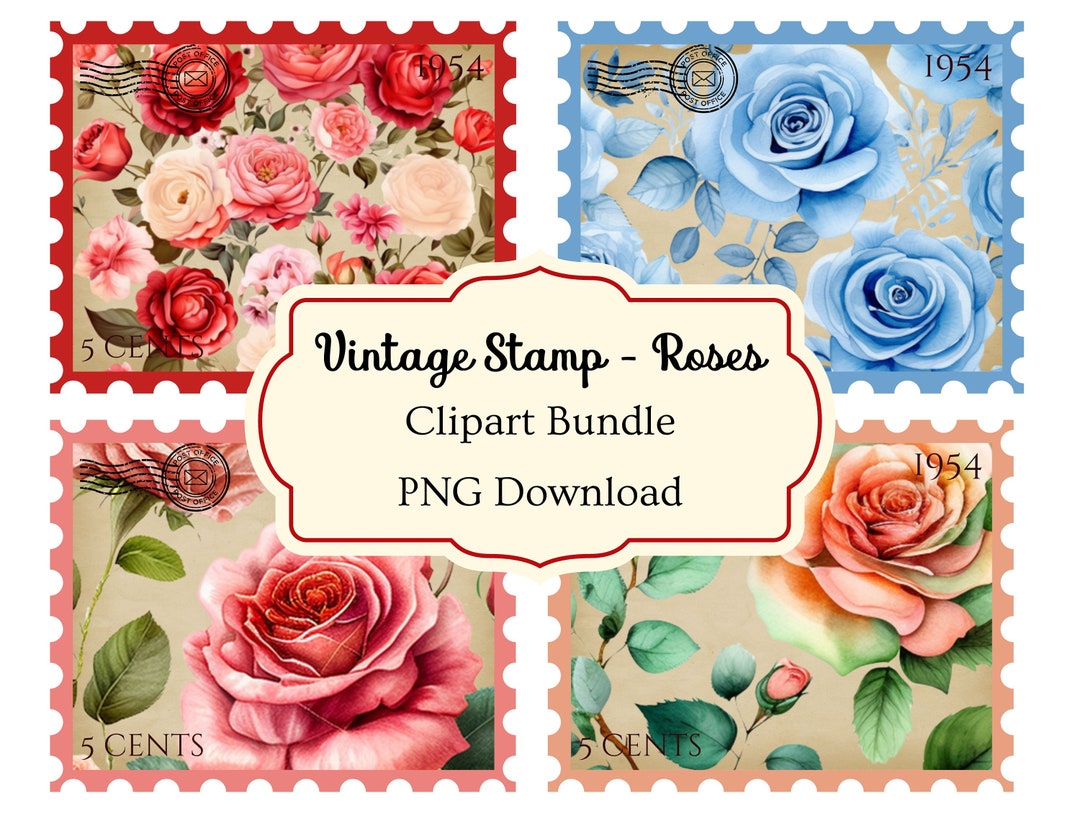 Vintage Stamp PNG, Roses, Clipart Bundle, Retro, Papercraft Supplies ...