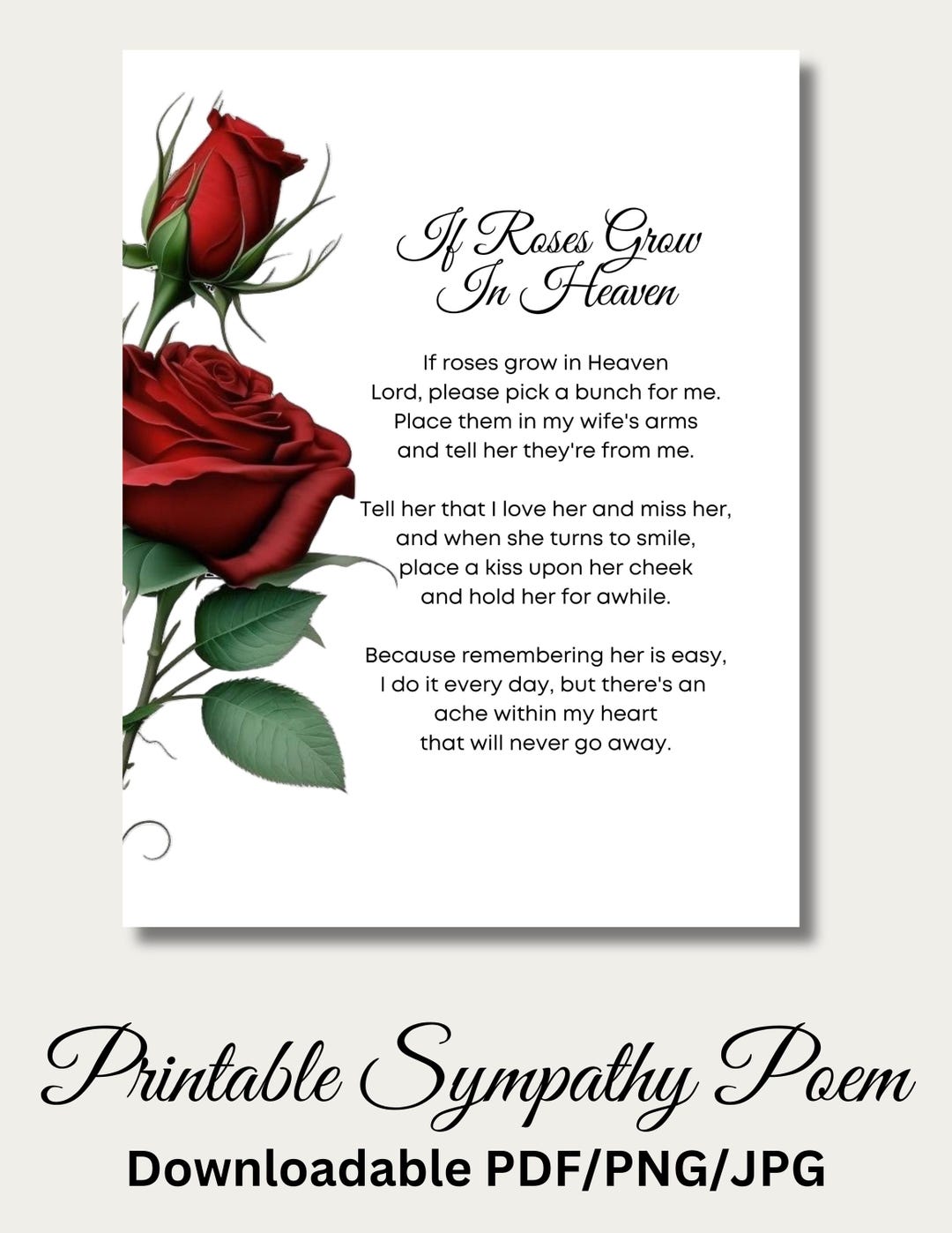 Loss of Wife Sympathy Poem: Red Rose Verse, Printable Wall Art (digital ...
