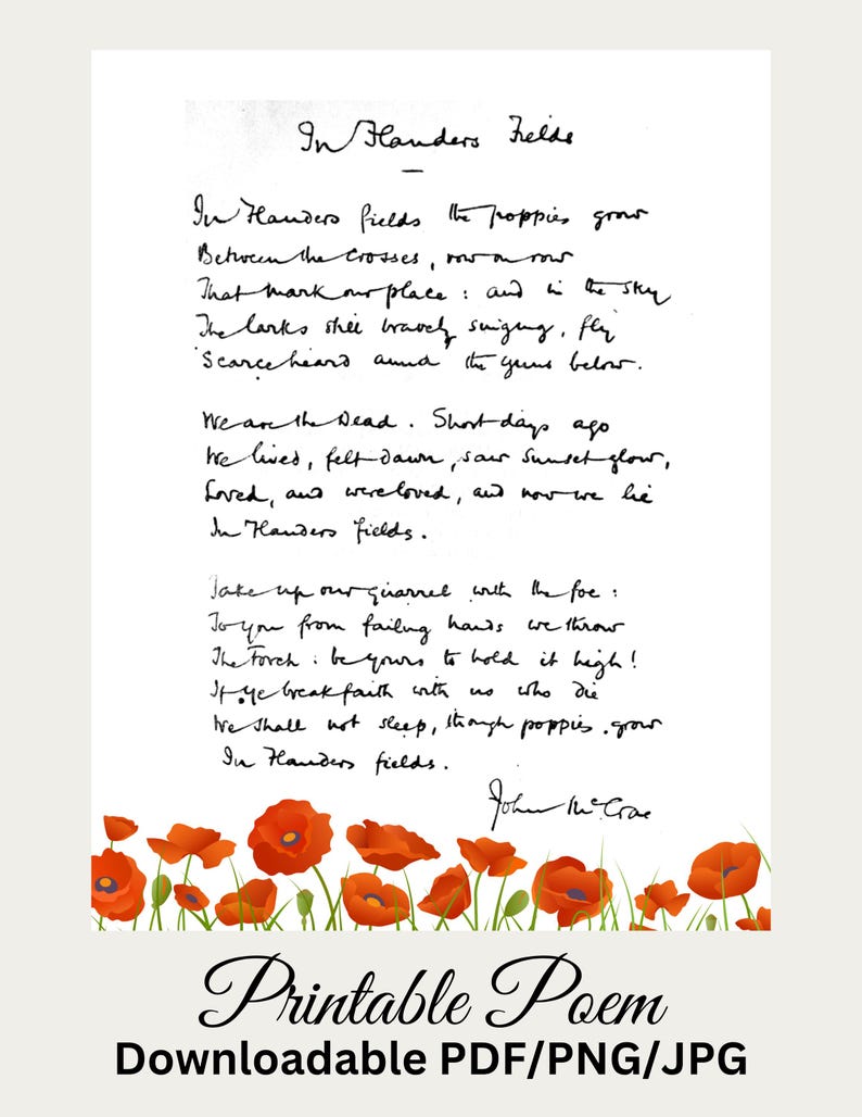 In Flanders Fields Poem Print, Remembrance Day Printable, Handwritten ...