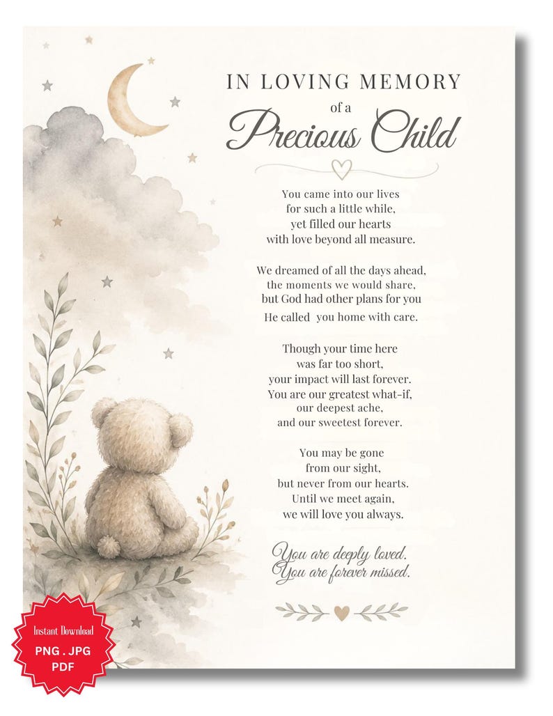 Loss of Child Memorial Poem Print, Baby Sympathy Keepsake (digital ...