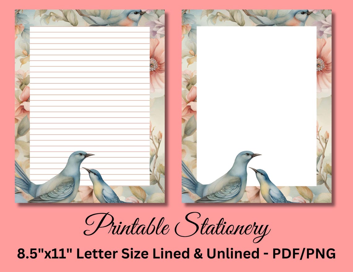 Blue Birds Floral Stationery: Lined & Unlined Writing Paper (instant ...