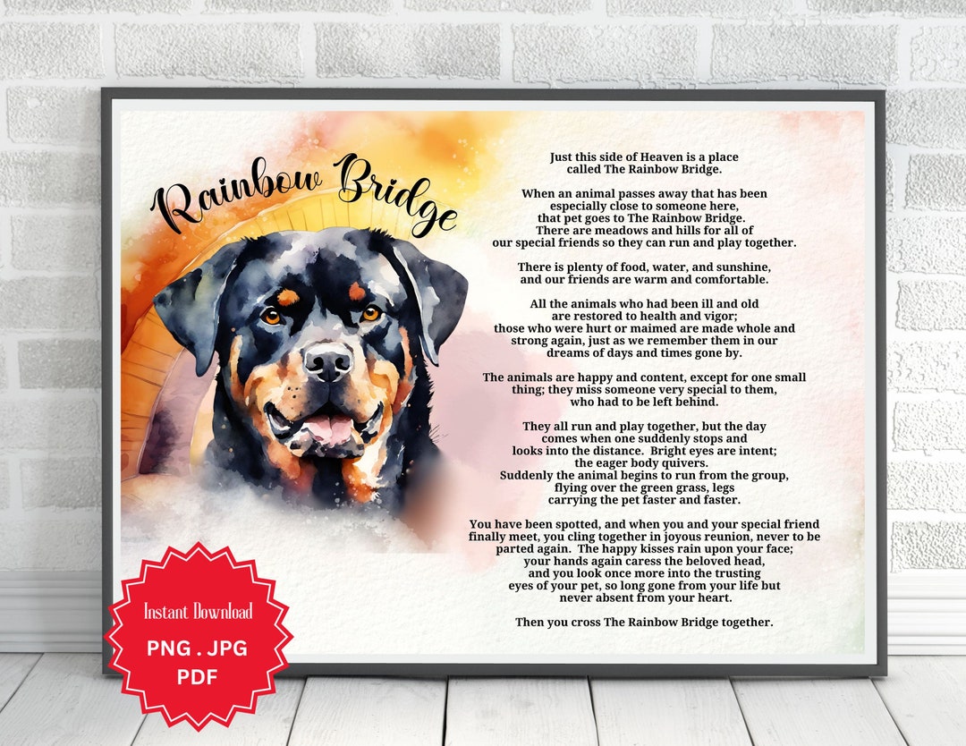 Rottweiler, Rainbow Bridge, Dog Remembrance, Pet Sympathy Gift, Rainbow Bridge Poem, Loss of Pet ...