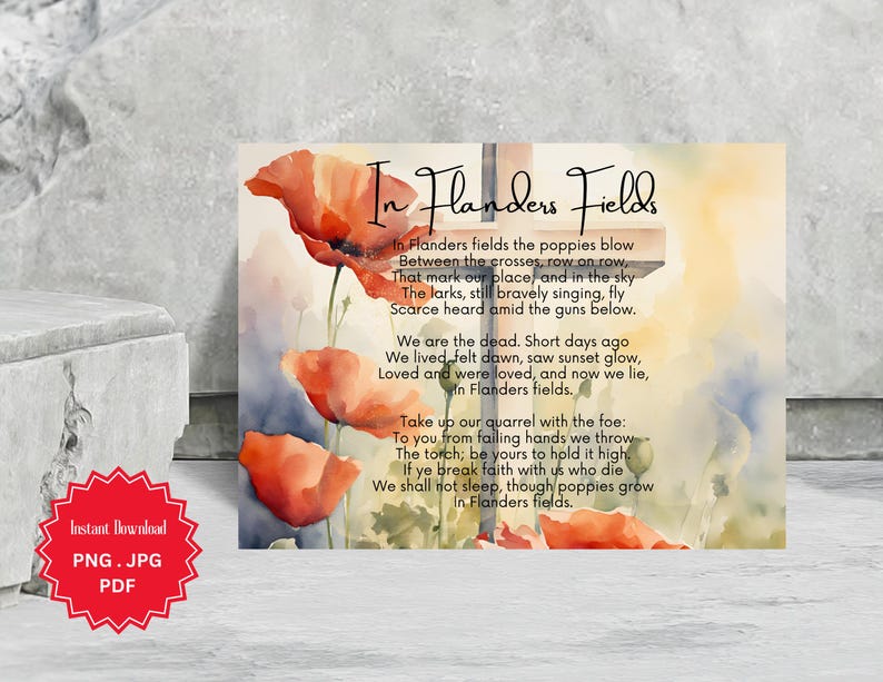 In Flanders Fields Poem Print: Watercolor Poppies & Cross (digital ...