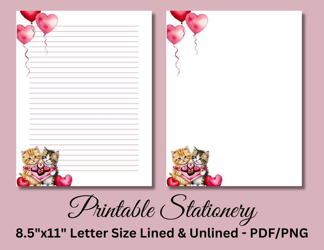 Kitten Valentine Stationery: Lined & Unlined Printable Paper (PDF/PNG ...
