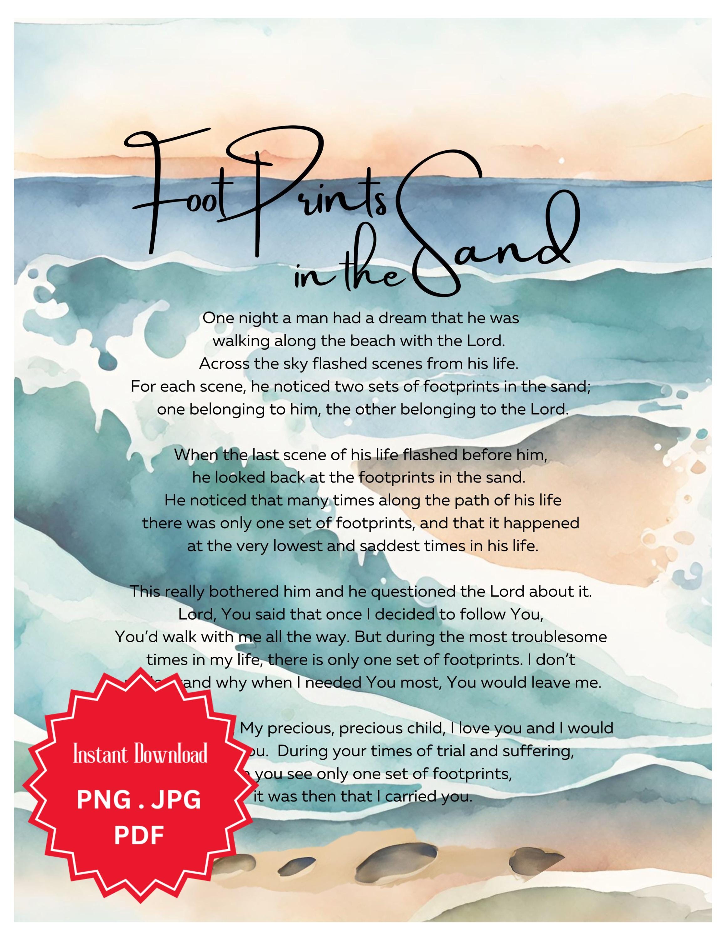 Footprints in the Sand Poem: Watercolor Ocean Waves Christian Art ...