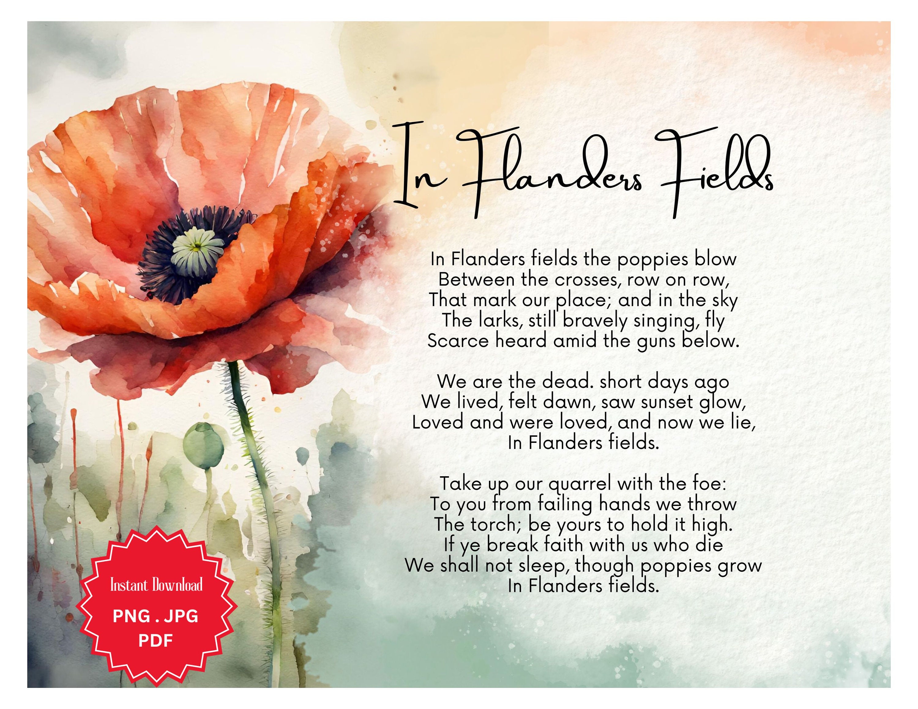 In Flanders Fields Poem Print: Remembrance Day Poppy Watercolor ...