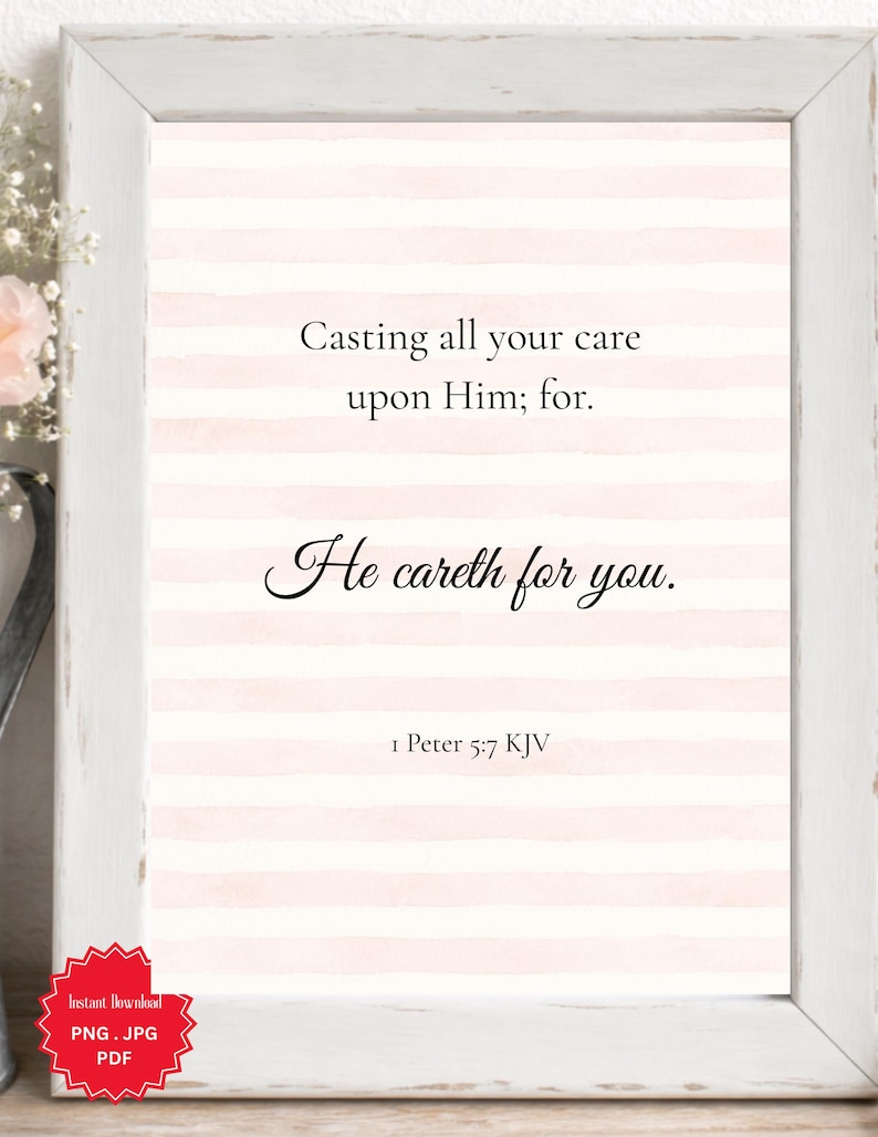 1 Peter 5:7 KJV Bible Verse Printable, Blush Pink Stripes Scripture Art ...