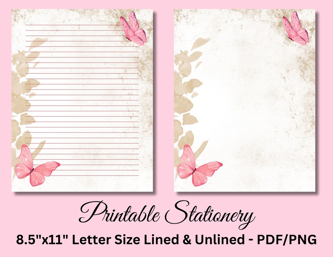 Pink Butterfly Printable Stationery: Lined & Unlined (PDF/PNG) - Etsy