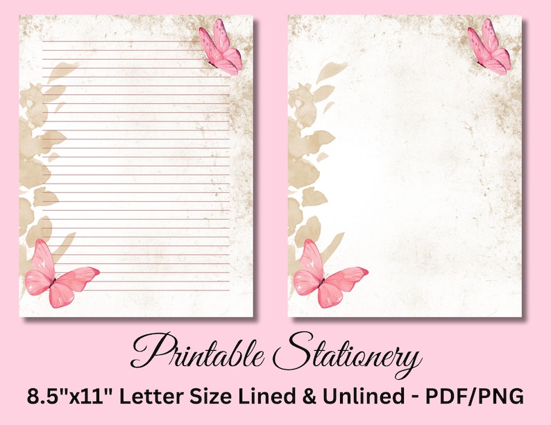 Pink Butterfly Printable Stationery, Floral Writing Paper Set, Vintage ...