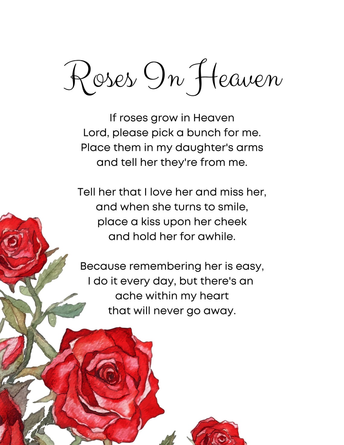Loss of Daughter, Printable Sympathy Gift, Download Print, Roses in ...