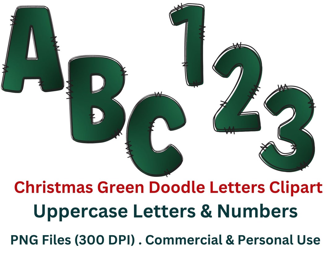 Christmas Letters Doodle Font Green Alphabet Clipart - Etsy