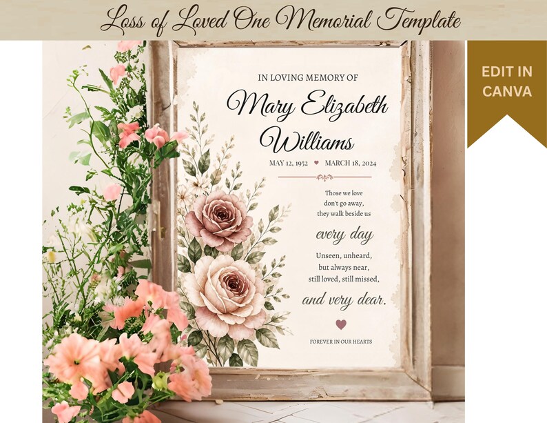 Soft Flowers Memorial Print Template, Editable Photo Tribute Poster ...