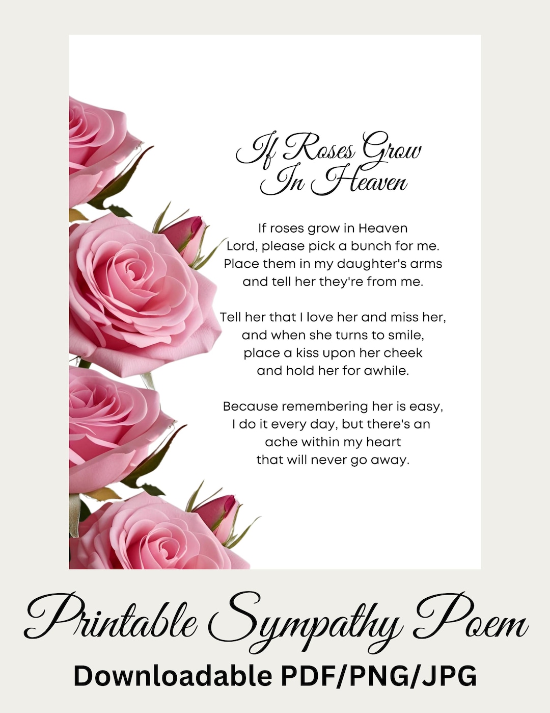 Loss of Daughter Sympathy Poem: Roses in Heaven Printable Art, Pink ...