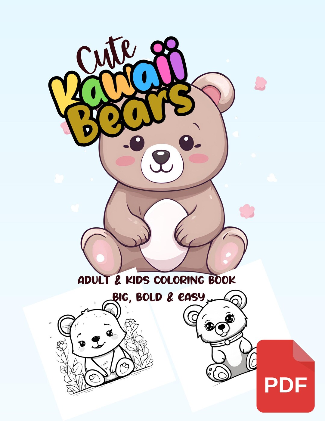 Cute Kawaii Bears, Coloring Pages for Adults & Kids, Digital Activity ...