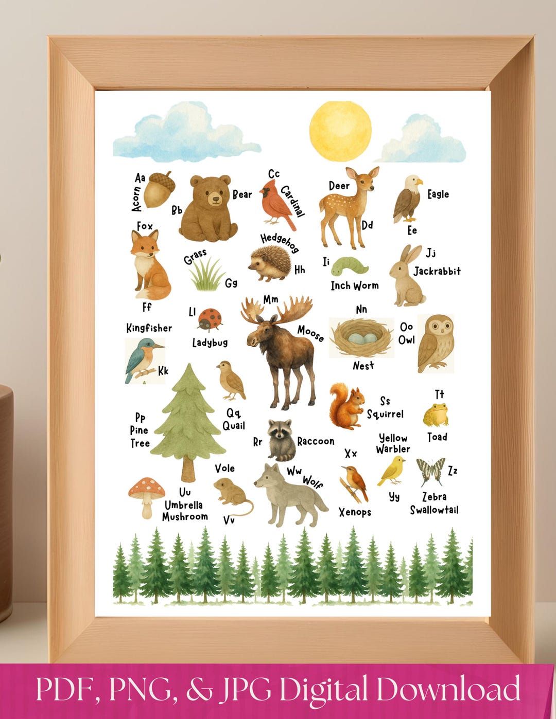 Woodland Animal Alphabet Chart: Printable Watercolor Nursery ABC Wall ...