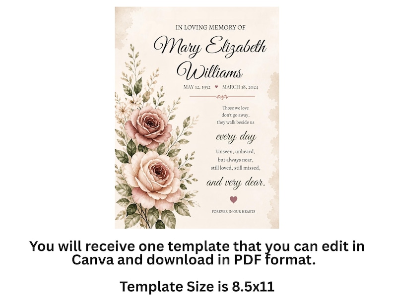 Soft Flowers Memorial Print Template, Editable Photo Tribute Poster ...
