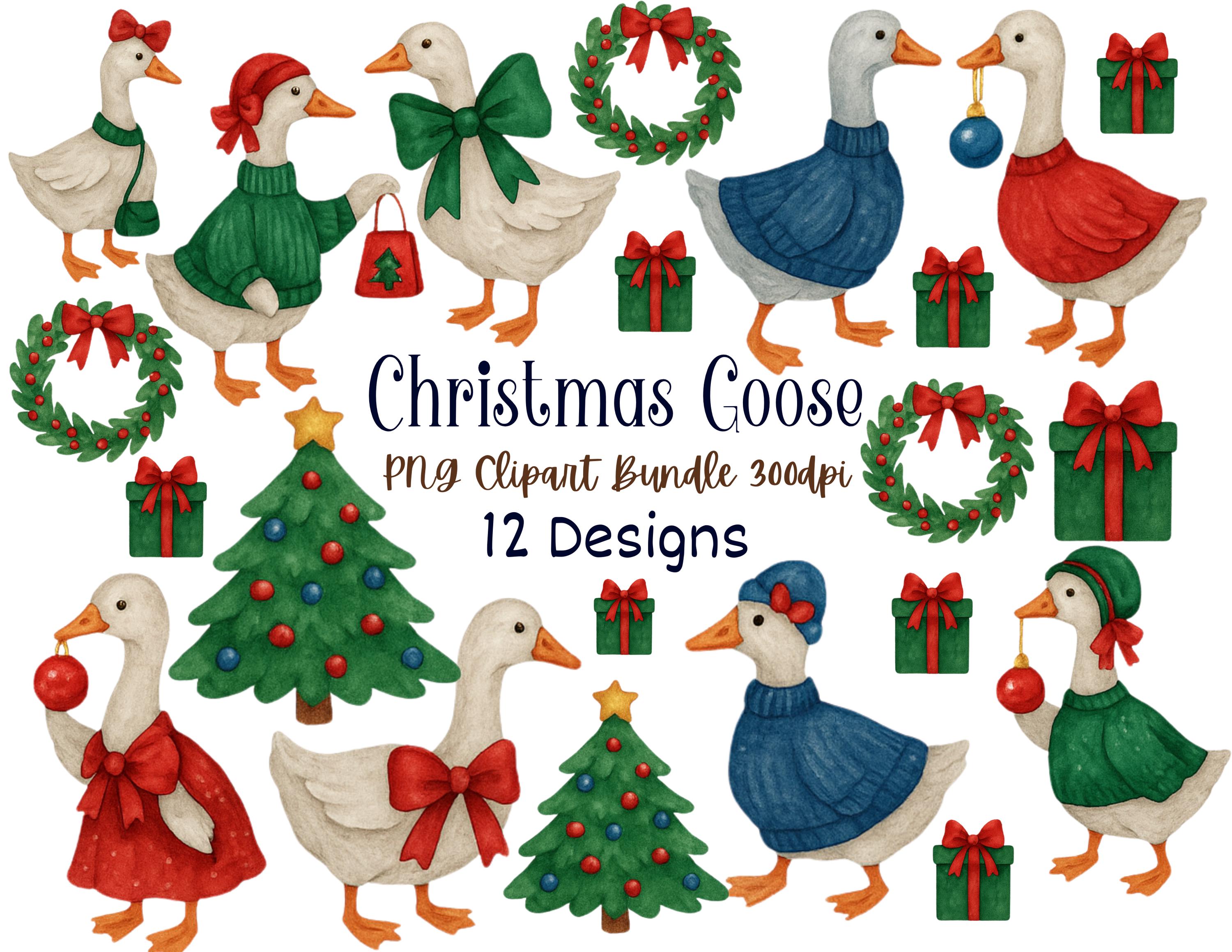 Christmas Goose Clipart Bundle: Watercolor Festive Animals (digital ...