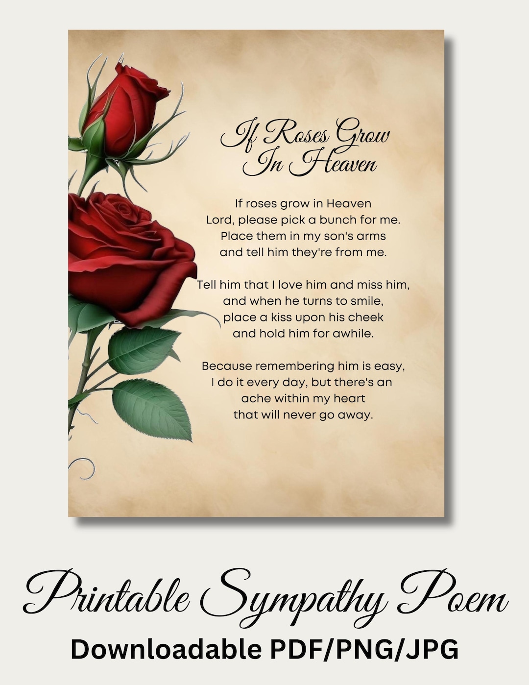 Loss of Son Sympathy Poem, Roses in Heaven Verse (digital Art Print) - Etsy