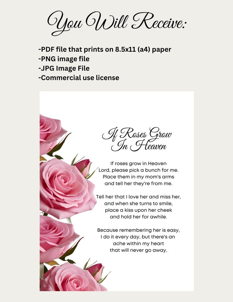 Roses in Heaven Poem, Loss of Mom Printable, Mother Sympathy Print Gift ...