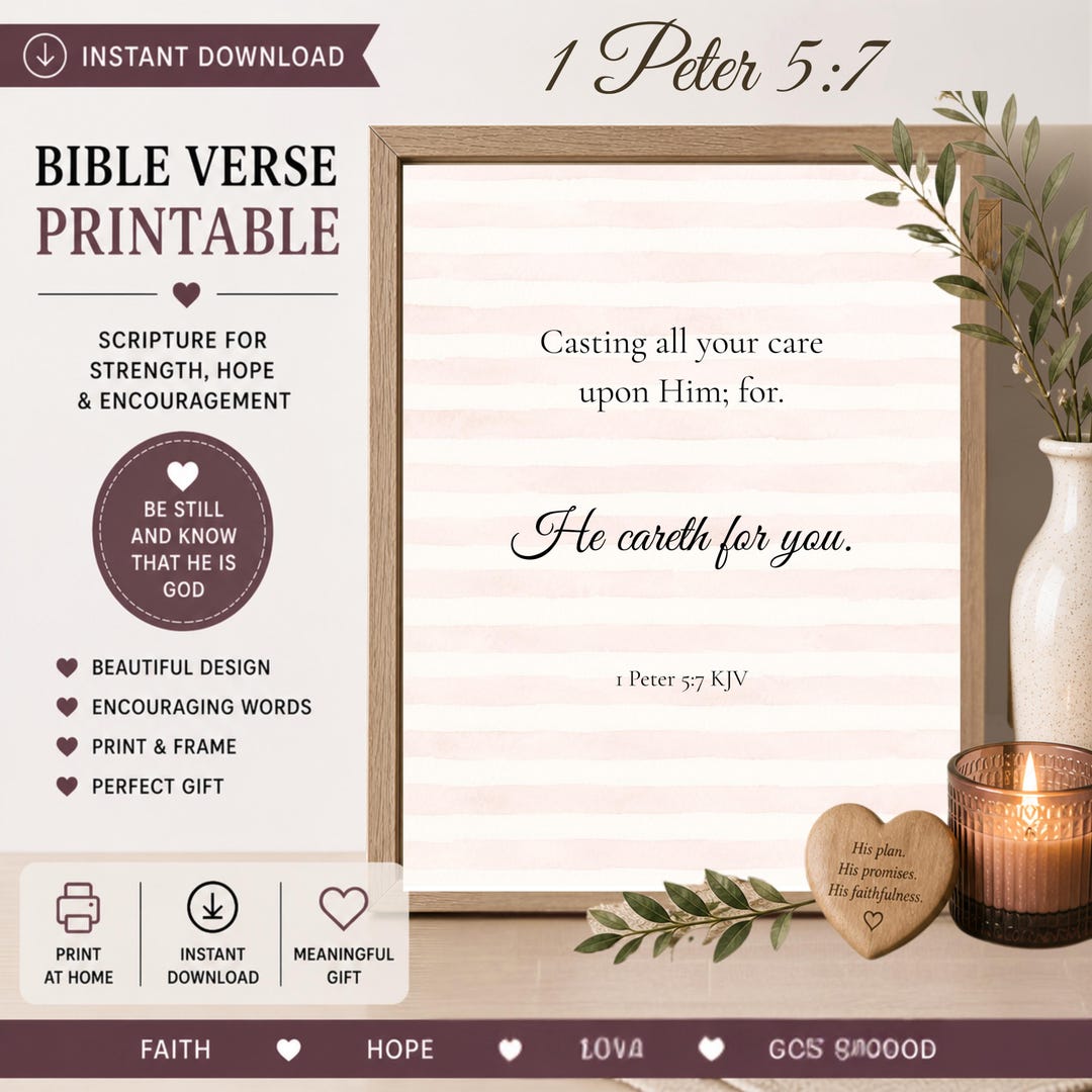 1 Peter 5:7 KJV Bible Verse Printable, Blush Pink Stripes Scripture Art ...