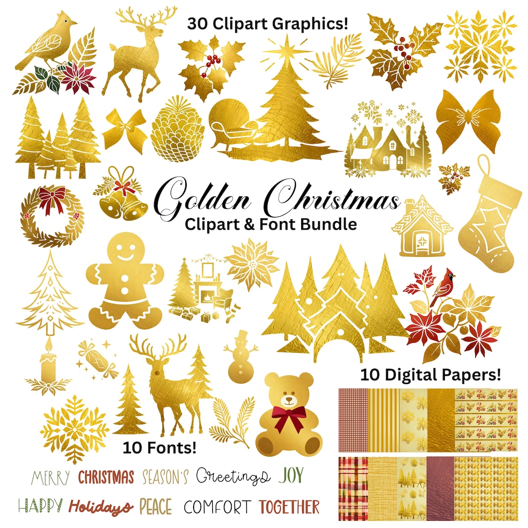 Golden Christmas Clipart Bundle, Holiday Fonts, Digital Paper (digital ...