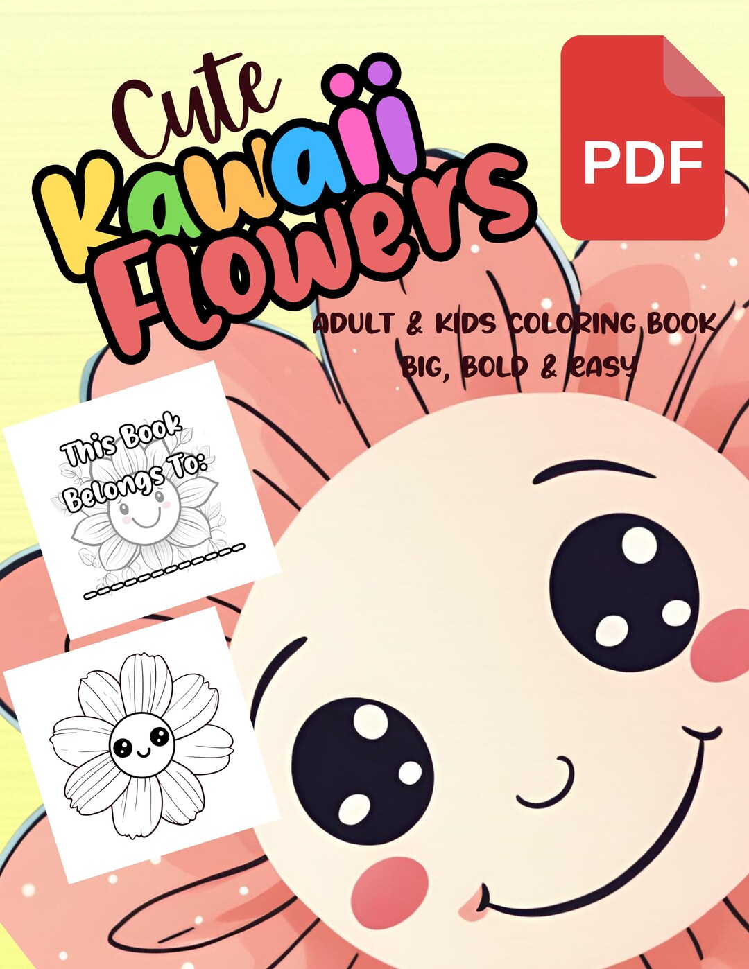 Cute Kawaii Flowers, Coloring Pages for Adults & Kids, Digital Activity ...