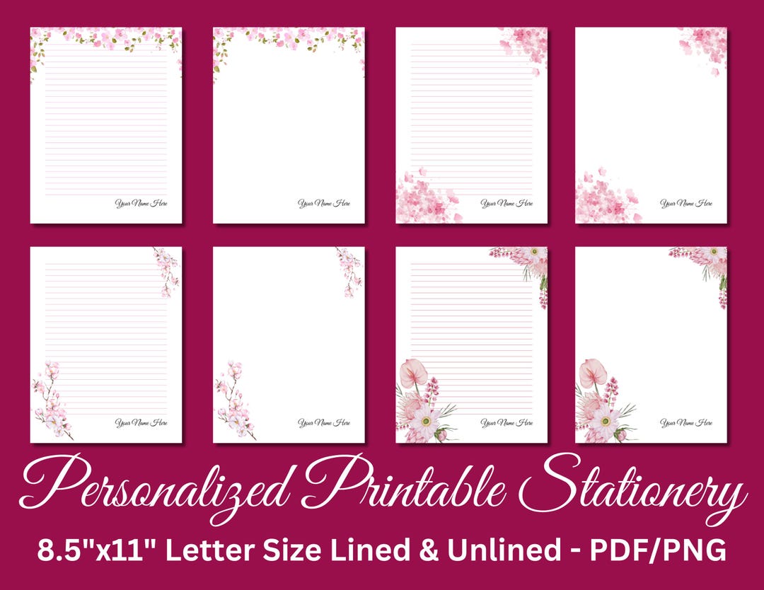 Personalized Printable Writing Paper, Custom Printable Stationery, Pink ...