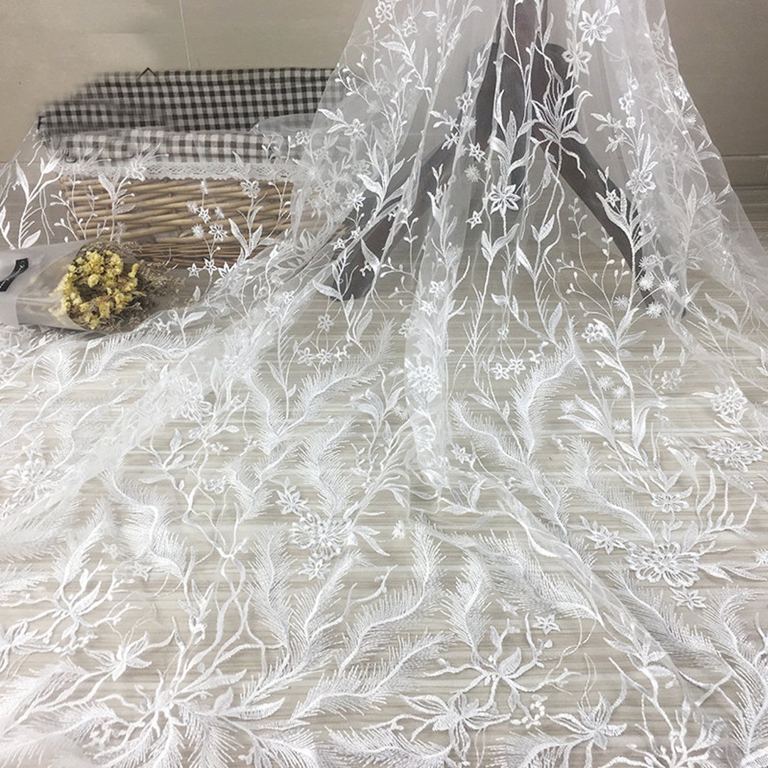 Off-white Water Grass Flower Embroidered Lace Fabric for Wedding Dress ...