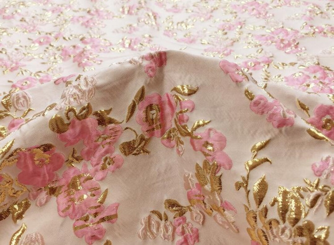 Pink Gold Solid Floral Brocade Clothing Fabric Relief Flower Pattern ...