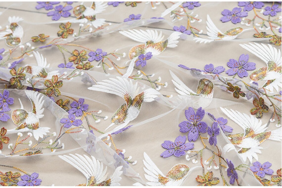 Luxurious Bird Floral Embroidered Lace Fabric by 1 Yard for | Etsy