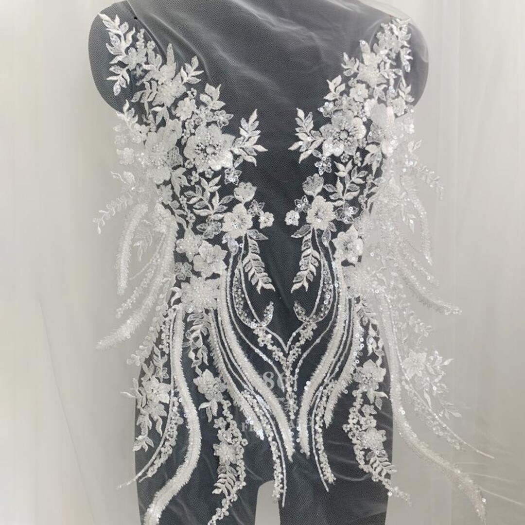 Off White Sequin Flower Embroidery Lace Patch, Big Size Bridal Dress ...