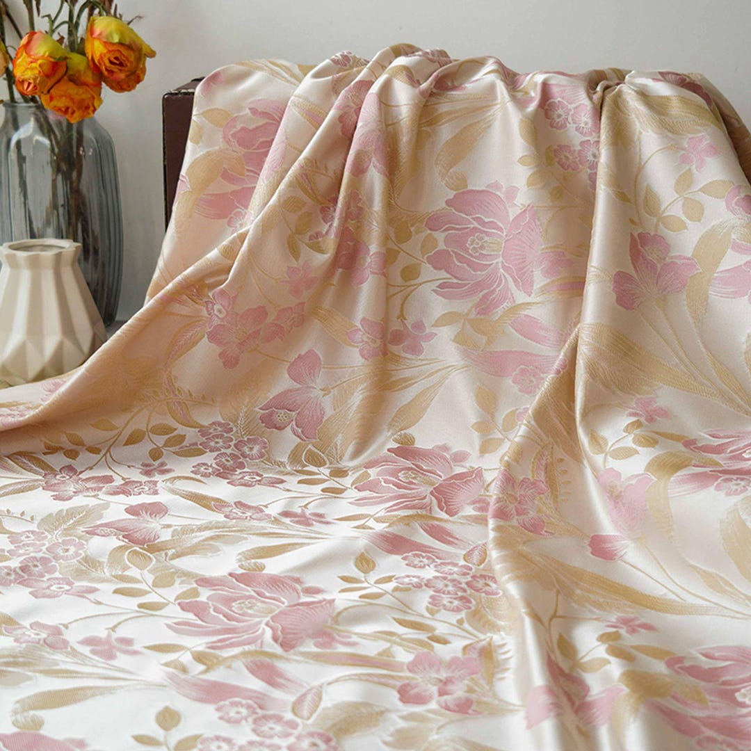 1 Yard Pink Lotus Floral Brocade Clothing Fabric High Grate Relief ...