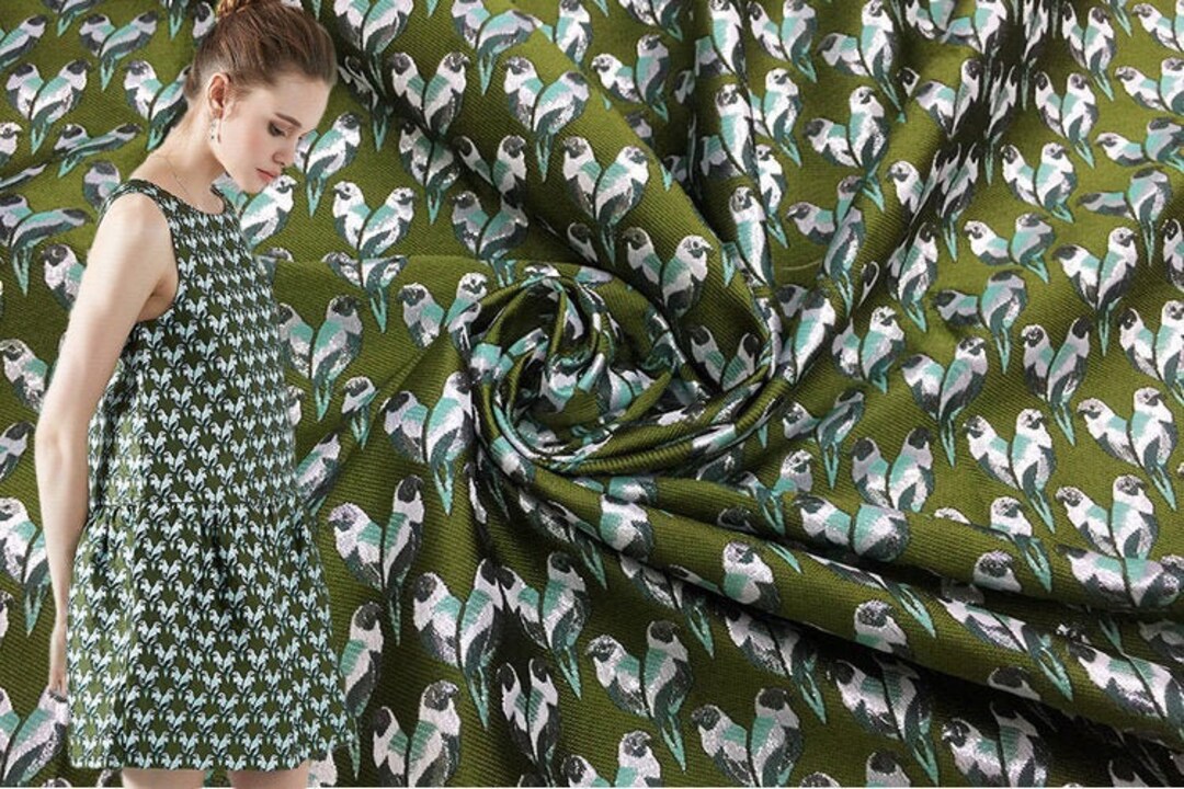 Green Elegant Floral Brocade Clothing Fabric High Green Catoon Parrot ...