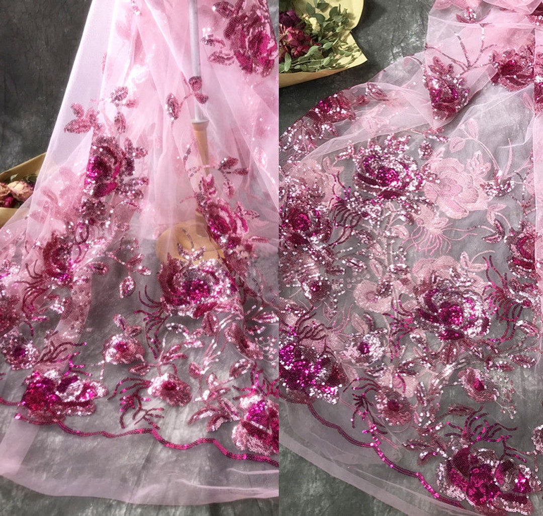 Pink Gauze Luxurious 3D Solid Sequins Floral Embroidered Lace - Etsy