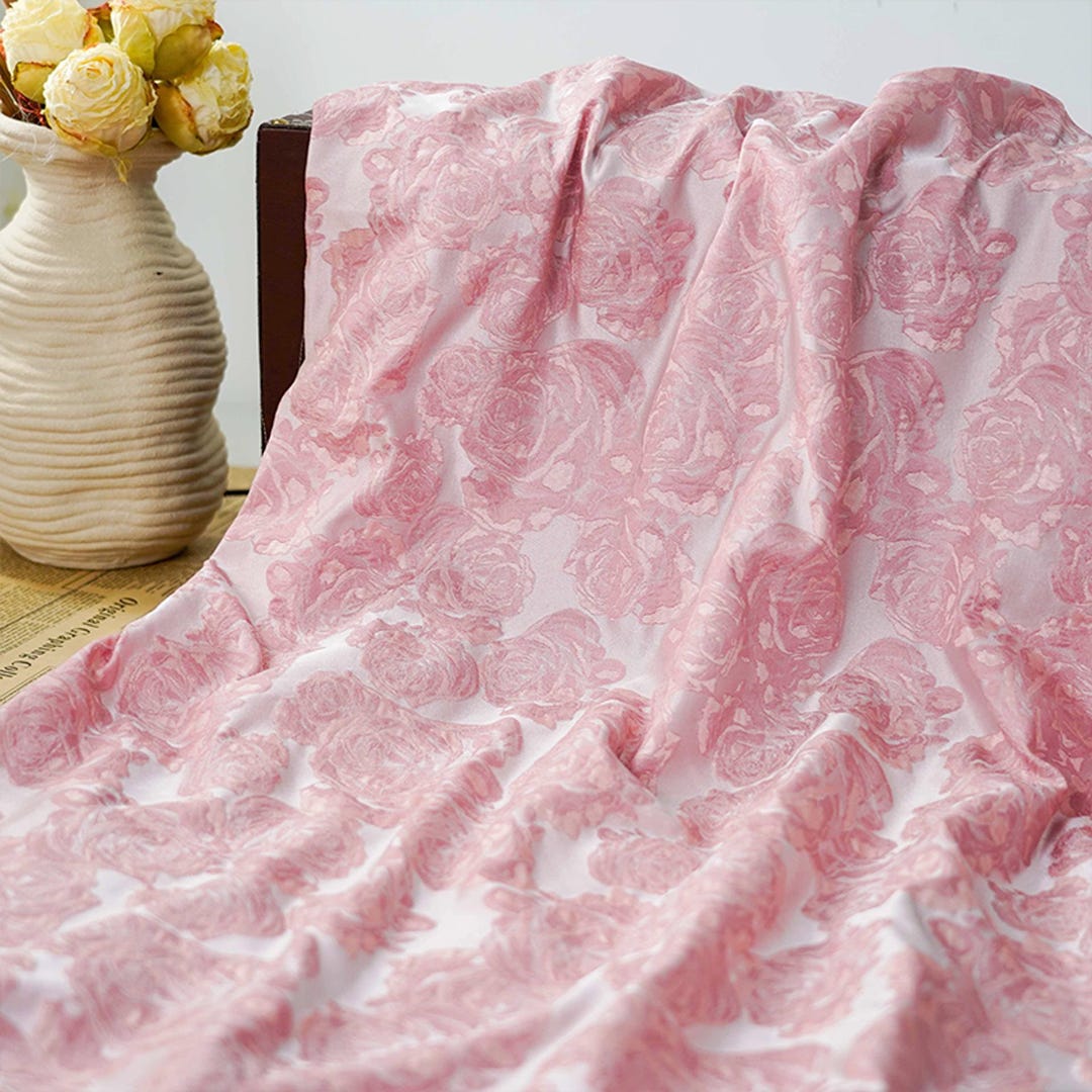 1 Yard Pink Rose Floral Brocade Clothing Fabric High Grate Relief ...