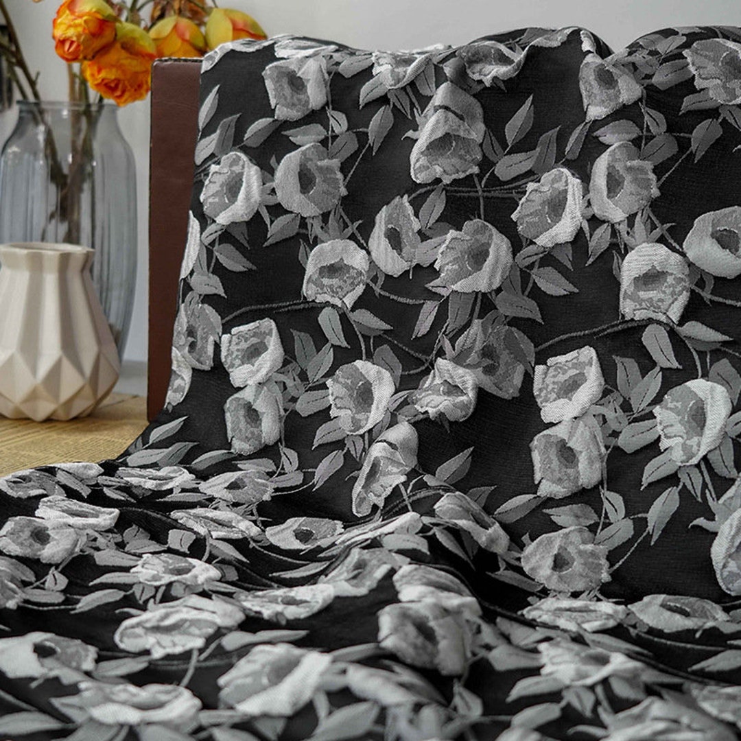 1 Yard High Quality Gray Floral Brocade Fabric, Black Dry Rose Flower ...