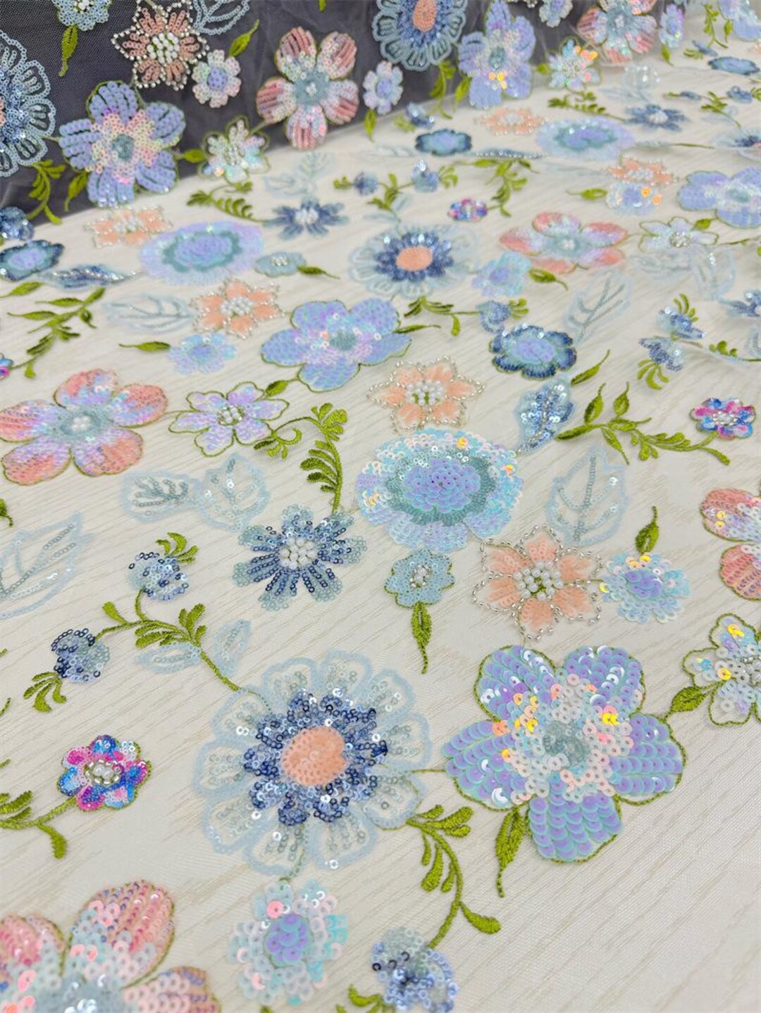 1 Yard Sequin Solid Flower Embroidered Lace Fabric for Wedding Dress ...