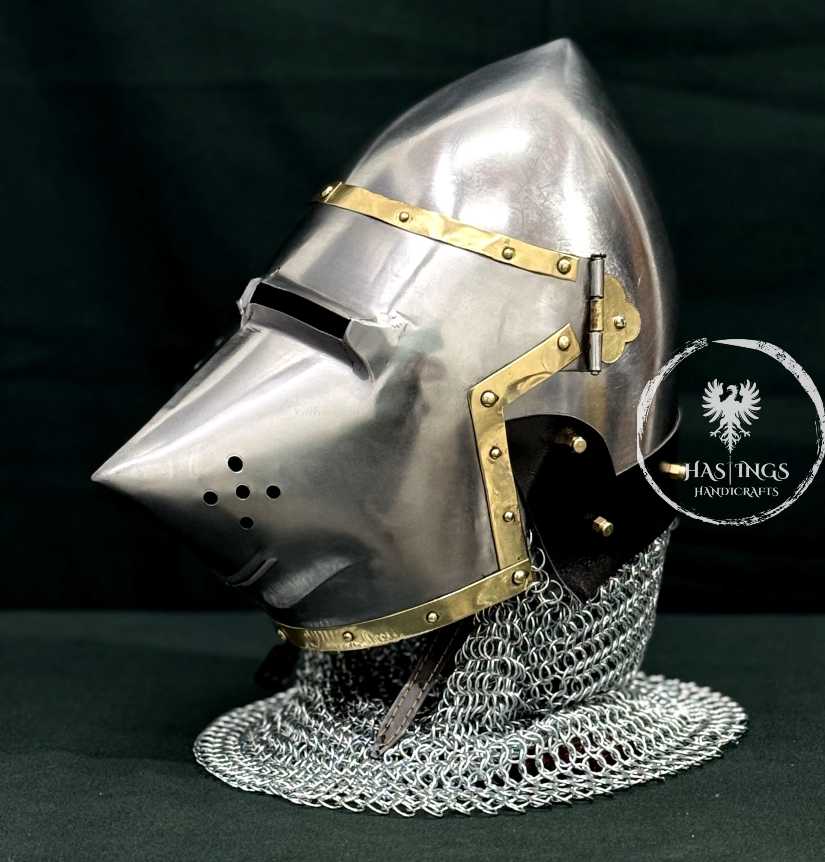 Medieval Hounskull Bascinet Helmet/14th Century Removable Visor Helmet/18-gauge Steel With Brass ...