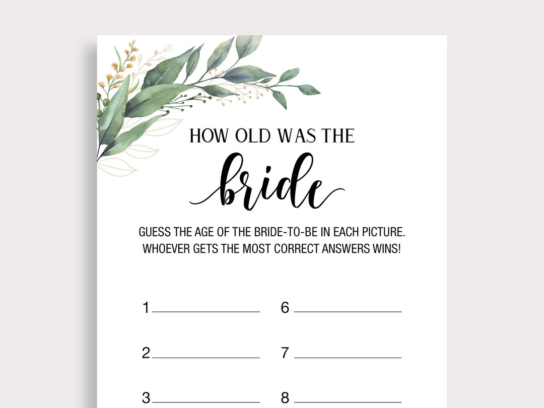 How Old Was the Bride, Guess Brides Age, Greenery Wedding Shower Game ...