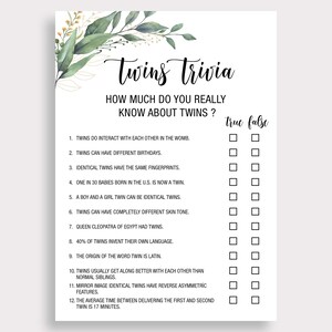 Baby Shower Twins Trivia Game Greenery Twins Trivia Game Twins Baby ...