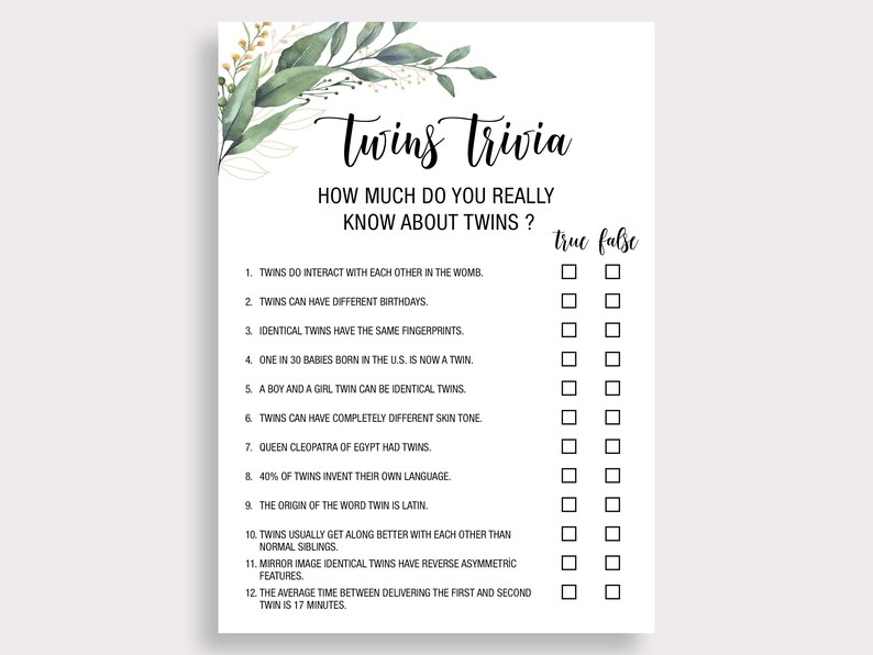 Baby Shower Twins Trivia Game Greenery Twins Trivia Game Twins Baby ...