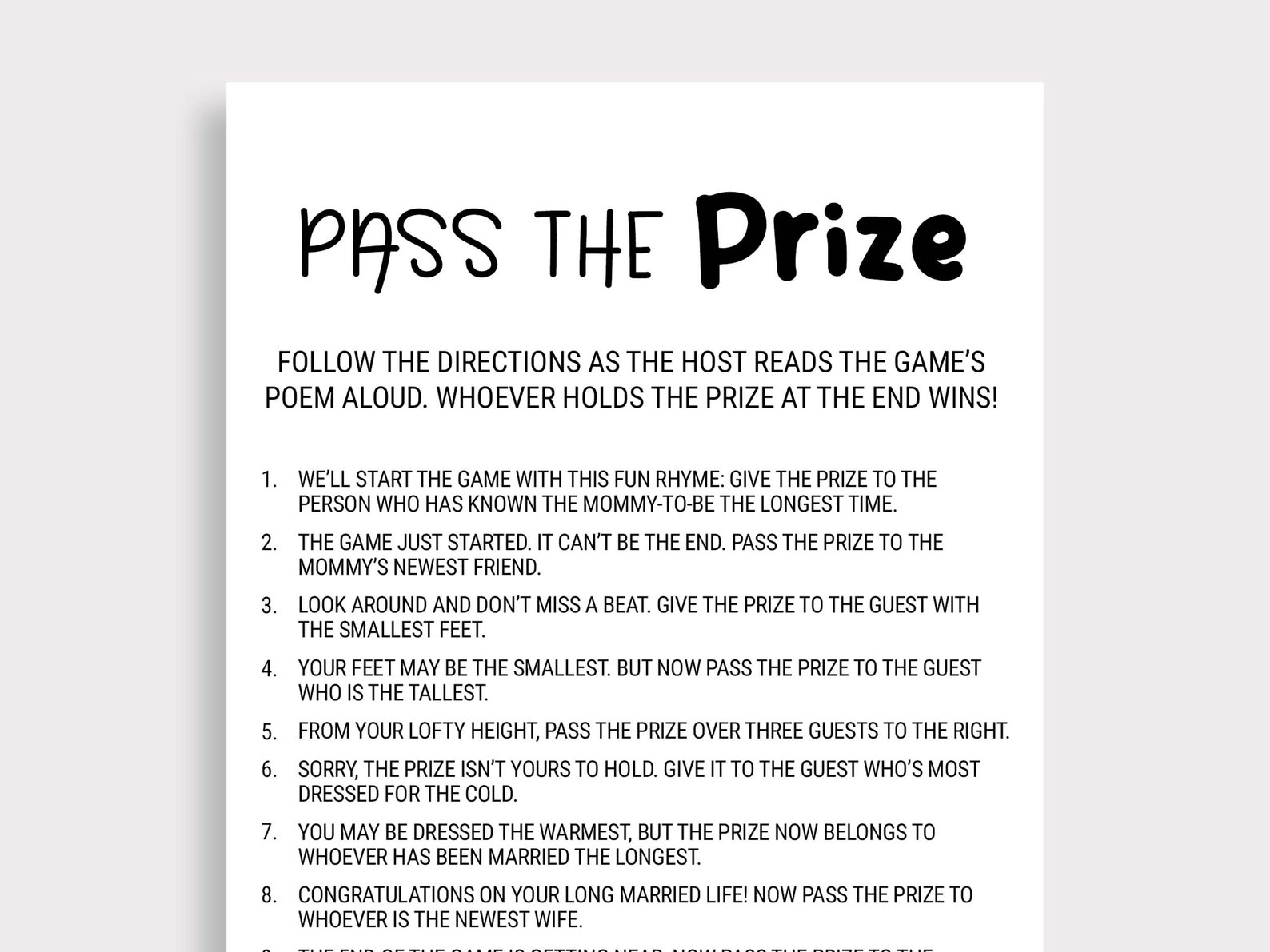 Baby Shower Pass the Prize Game Rhyme Game Minimalist Baby Shower Game ...