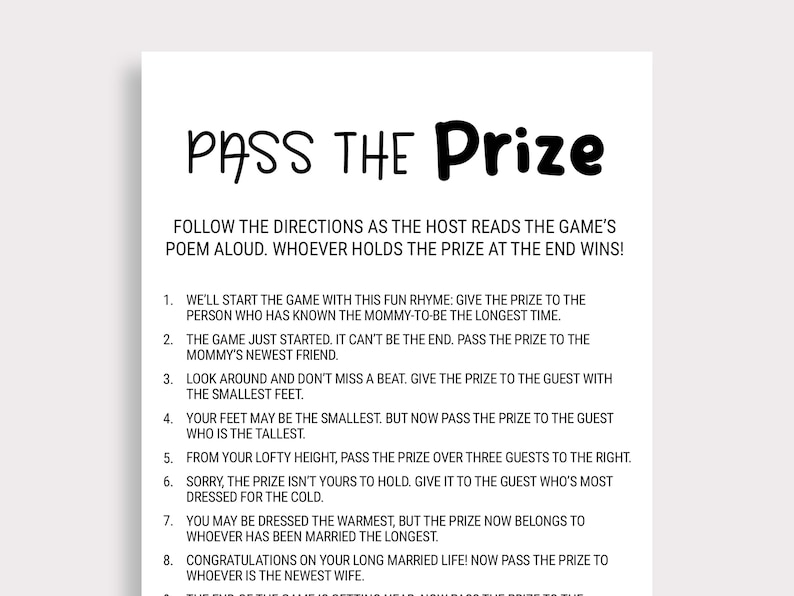 Baby Shower Pass the Prize Game Rhyme Game Minimalist Baby Shower Game ...
