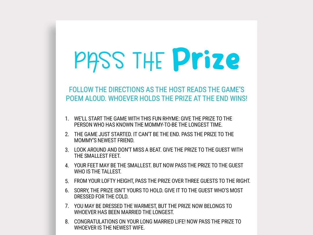 Baby Shower Pass the Prize Game Rhyme Game Blue Baby Shower Game Pass ...