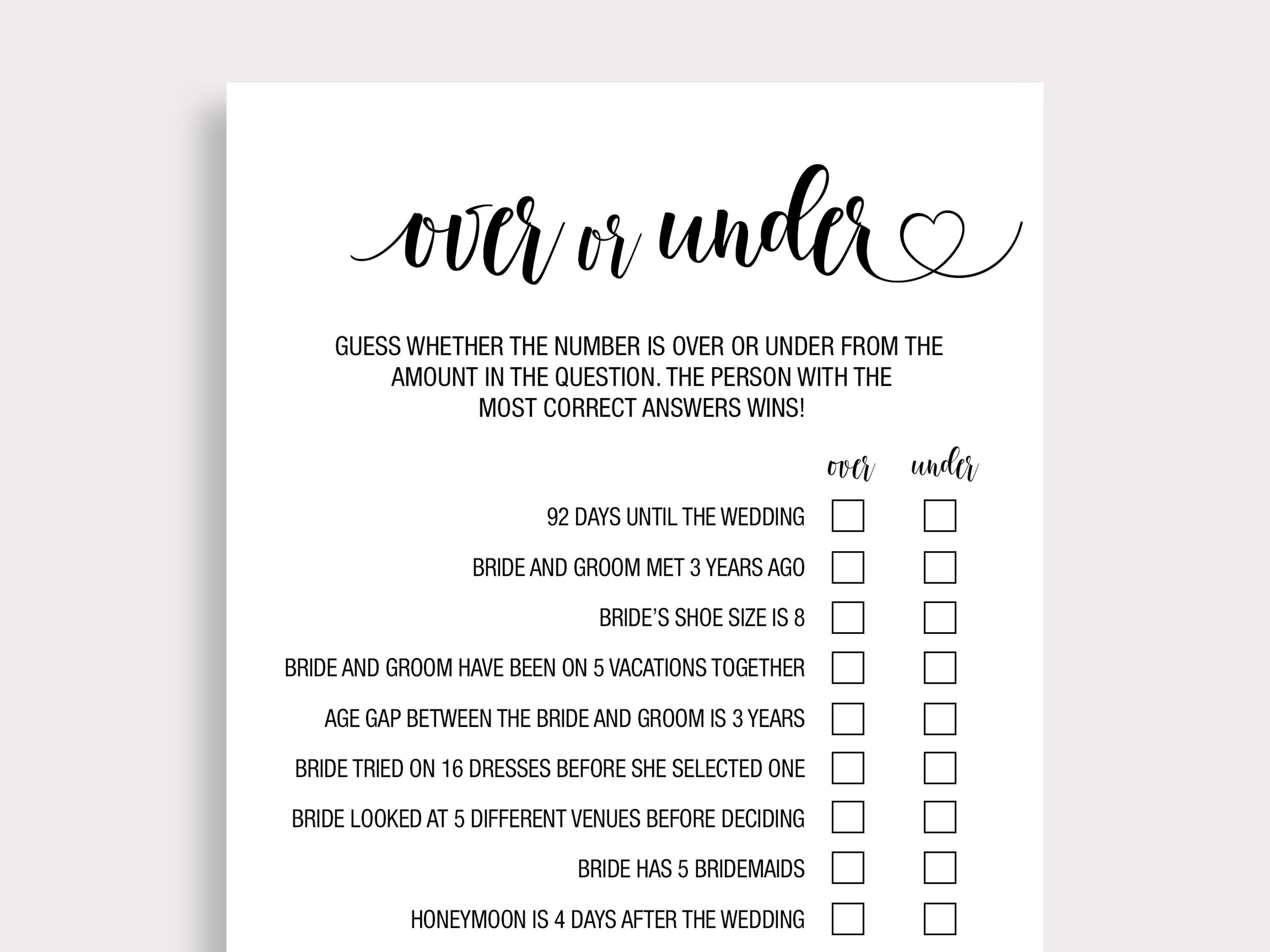Over Or Under Bridal Shower Game Printable Couples Shower Etsy Uk