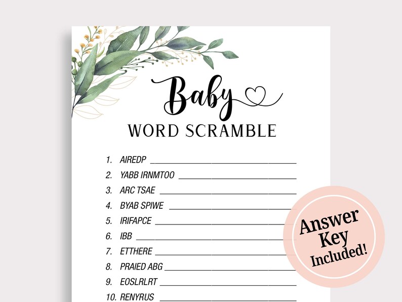 Baby Shower Word Scramble Game Greenery Baby Shower Game - Etsy