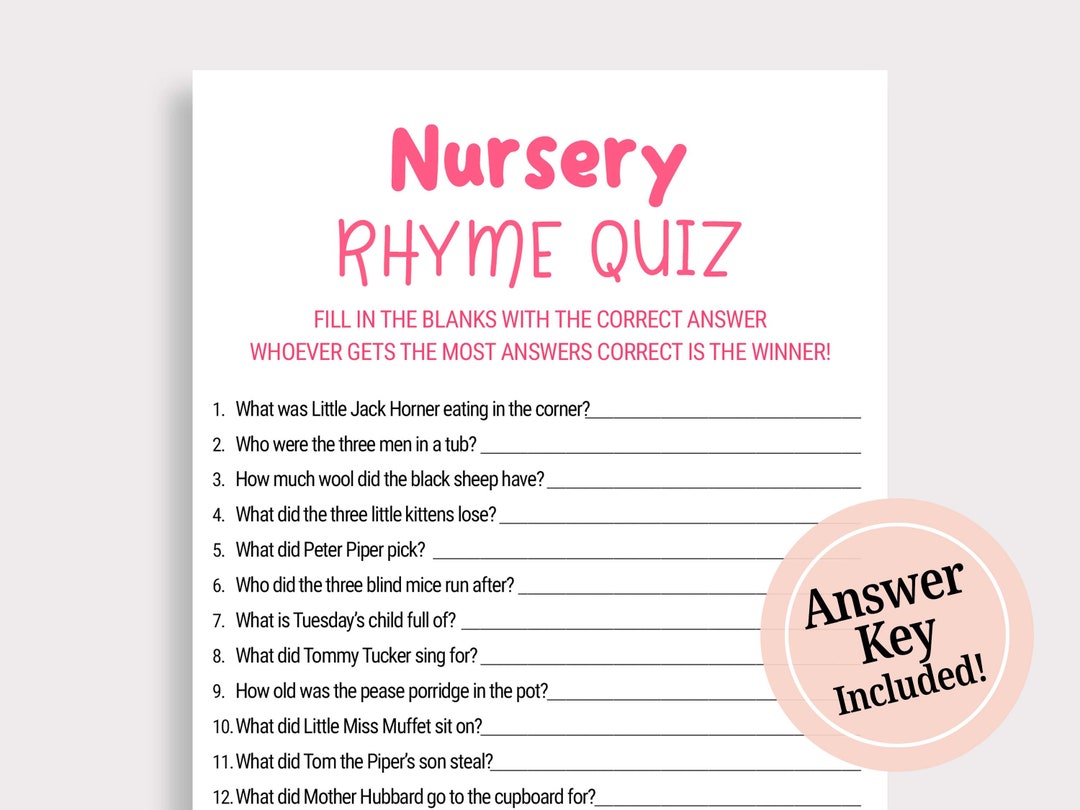 Nursery Rhyme Game Guess the Nursery Rhyme Pink Baby Shower Game Baby ...